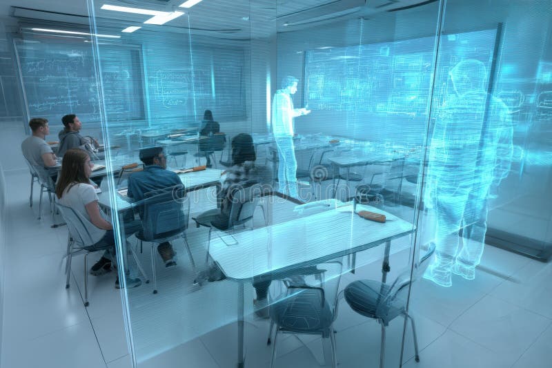 Futuristic Classroom Featuring Holographic Teaching Assistant Engaging Students Enhancing ...