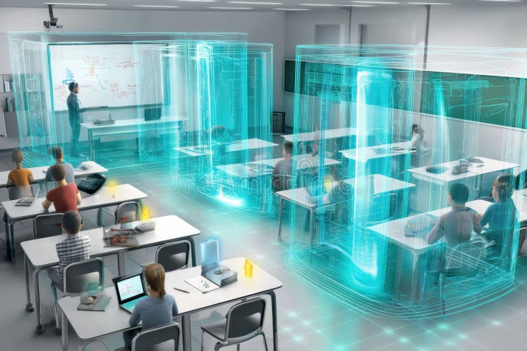 Futuristic Classroom Featuring Holographic Teaching Assistant Engaging ...