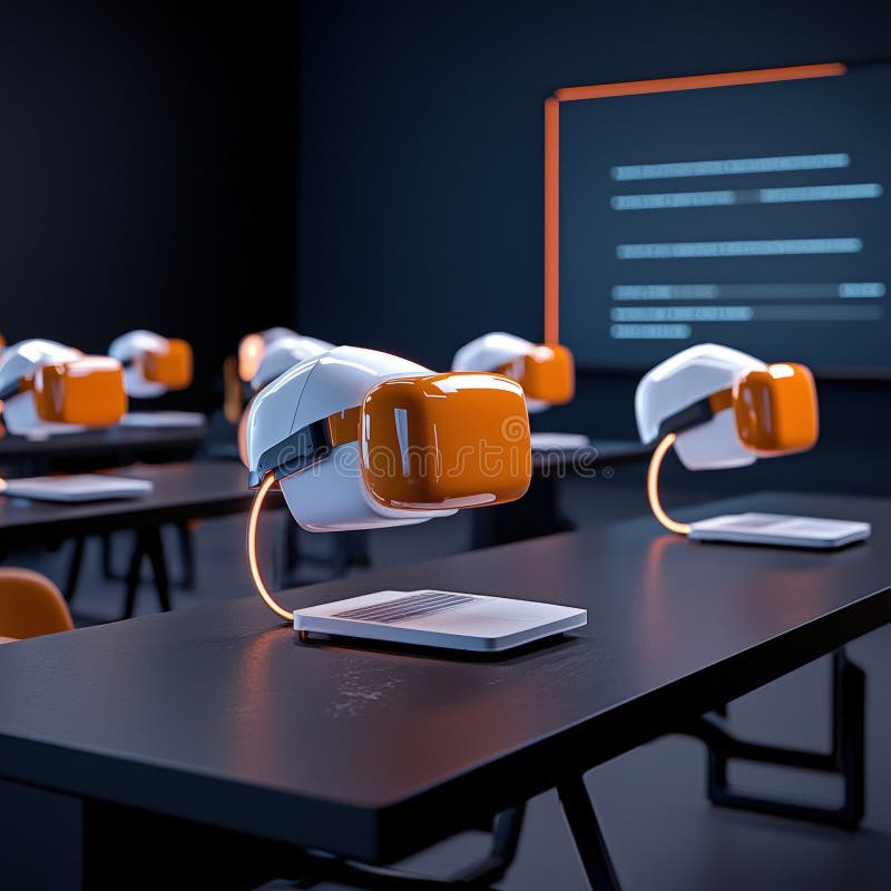 Futuristic Classroom Featuring VR Headsets on Desks Highlighting ...