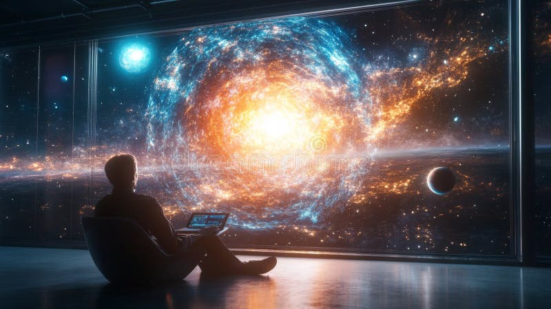 Futuristic Classroom Filled with Vibrant Cosmic Visuals and Advanced ...