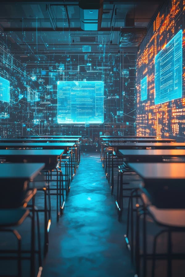 Futuristic Classroom with Holographic Screens Enhancing Virtual ...