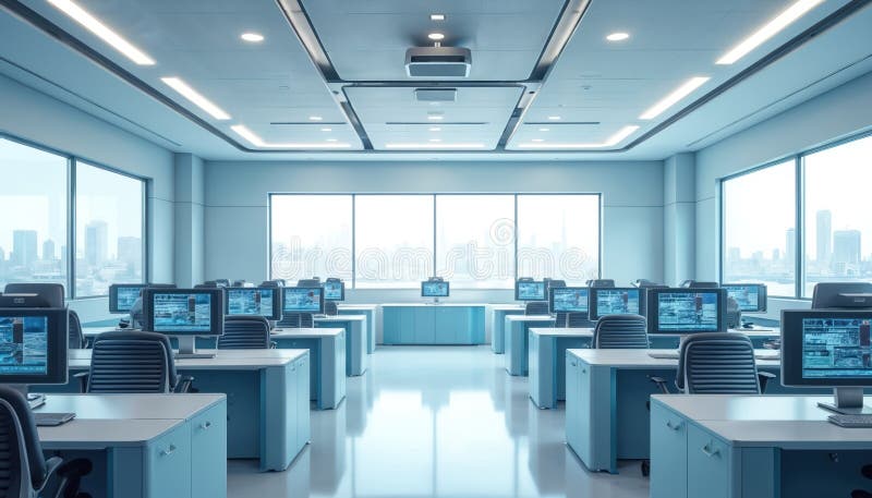 Futuristic Classroom Interior with Computer Workstations, Large Windows ...