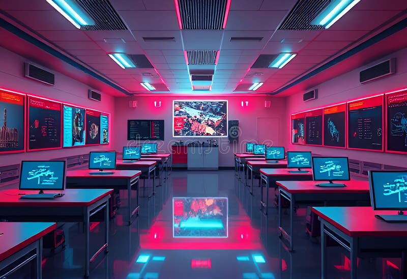 Futuristic Classroom Interior with Glowing Neon Lights, Desks, and ...