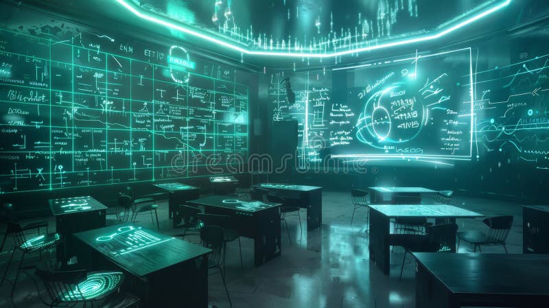 Futuristic Classroom with Neon Blue Digital Interface, Generative AI ...