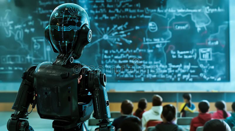 A Robot Teacher Teaches a Group of Young Students in a Futuristic ...
