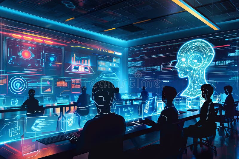 Futuristic Classroom with AI Tutor Assisting Students in a Modern ...