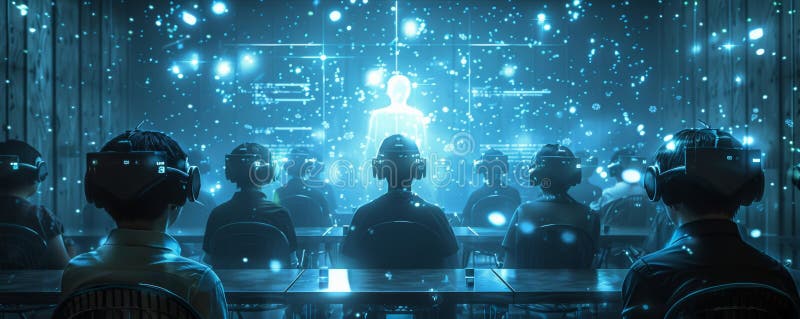 Futuristic Classroom with Students Using Virtual Reality Headsets and ...
