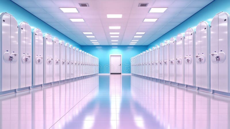 Futuristic Clean Shower Room with Symmetrical White Stalls and Bright ...