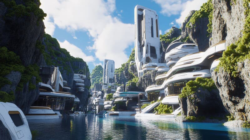 Futuristic Cliffside City with Water Channels and Modern Design Stock ...