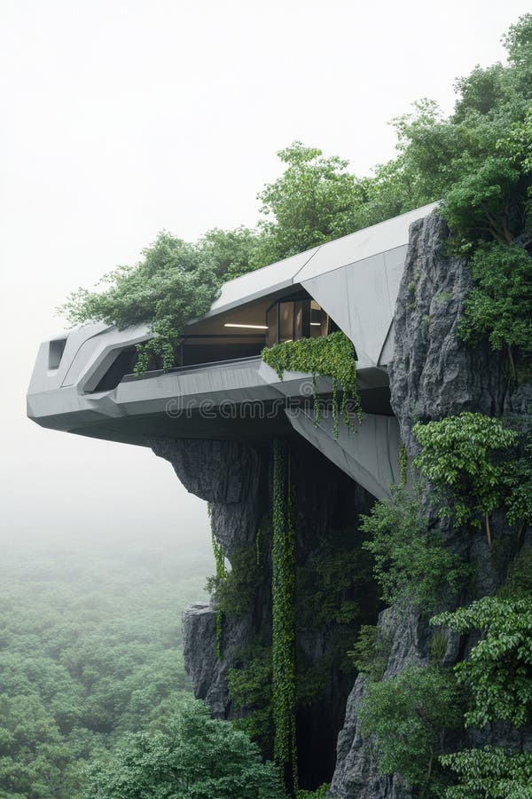 Futuristic Cliffside House with Verdant Surroundings and Modern ...
