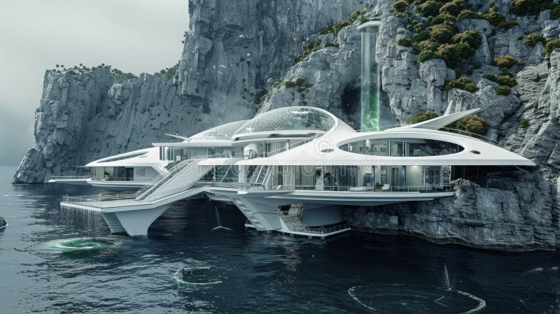 Futuristic Cliffside Mansion Overlooking Ocean with Waterfall and ...
