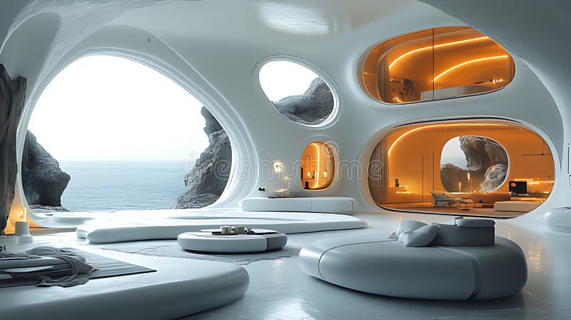 Futuristic Cliffside Ocean View Home Interior Design Stock Illustration - Illustration of villa ...