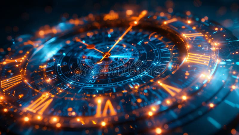 A Futuristic Clock Design Featuring Bright Sparks, Glowing Elements ...