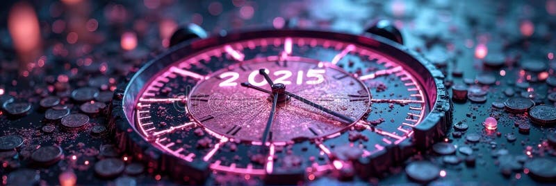 Futuristic Clock Display Showing 2025 Amidst Neon Glow and Scattered ...