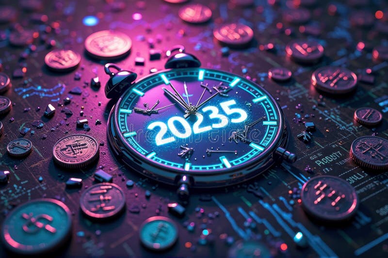 Futuristic Clock Displaying 2035 Amid Digital Coins and Circuitry in ...