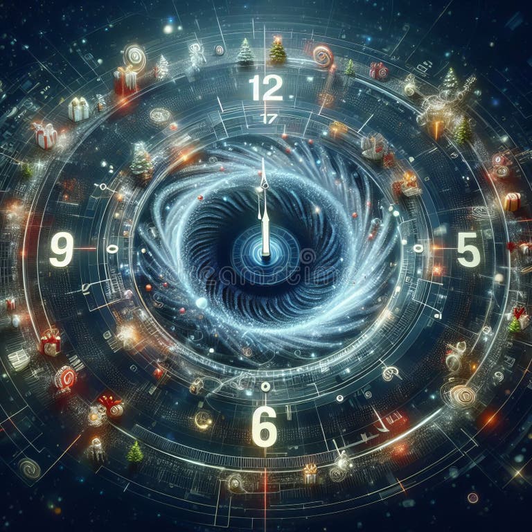 A Futuristic Clock Face with Digital Numerals and a Swirling Ma Stock ...