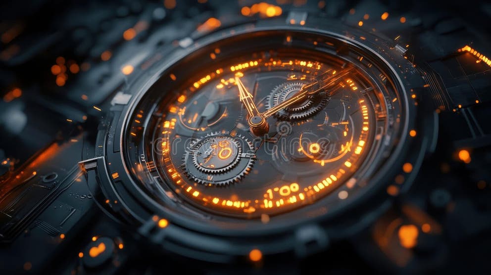 Futuristic Clock Face with Glowing Orange Details Stock Photo - Image ...