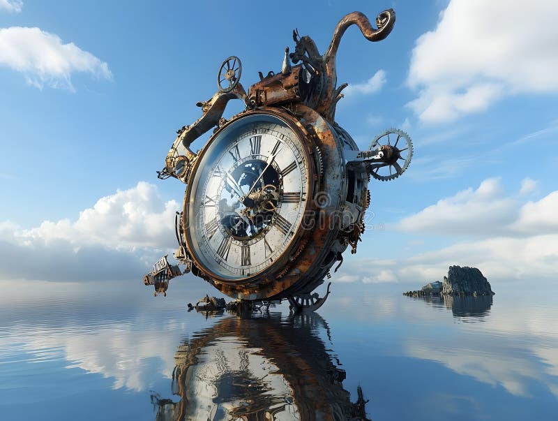Futuristic Clock Floating in Serene Waters, Reflecting Clouds Stock ...