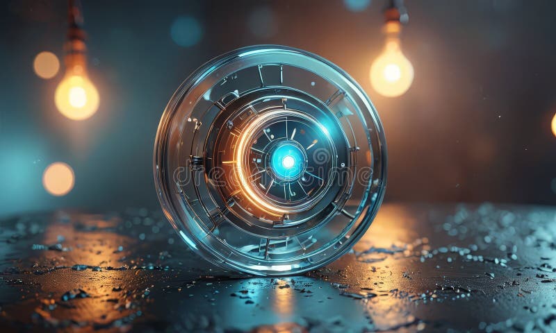 Futuristic Clock with Glowing Blue Hands and Numbers Sits on Reflective ...