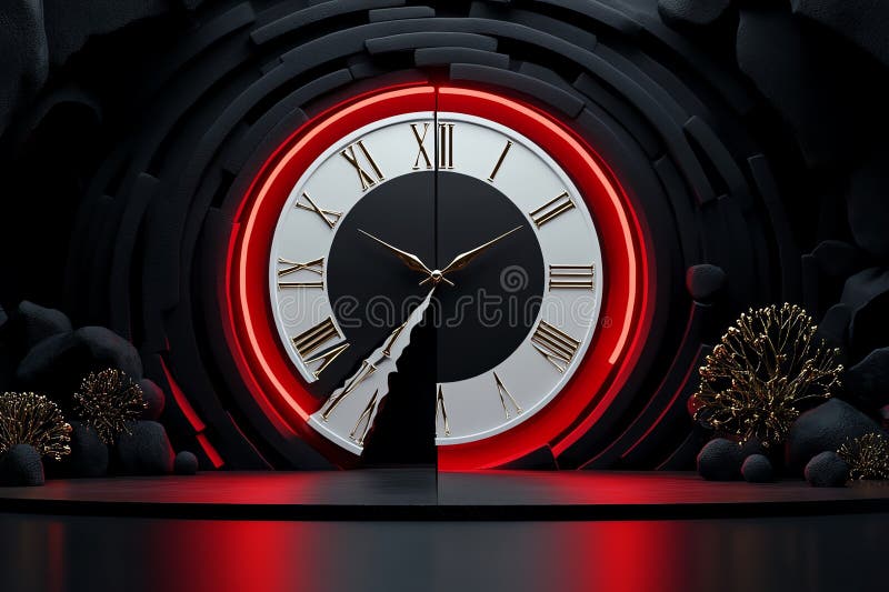 A Futuristic Clock with a Red Neon Border, Cracked and Split in Half ...