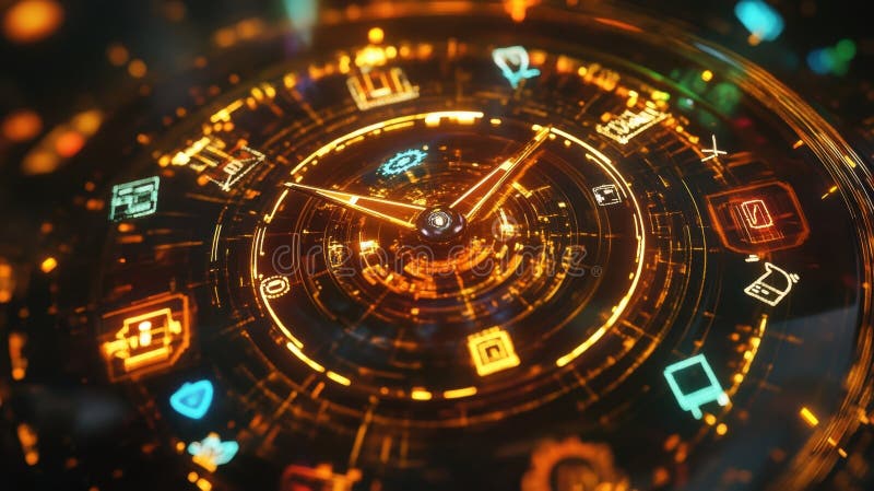 Futuristic Clock Showing Time and Application Icons in Orange and Teal ...