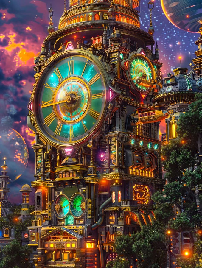 A Futuristic Clock Tower with Lights and a City in the Background Stock ...