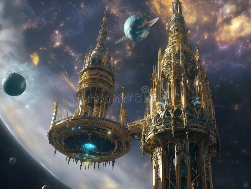 Futuristic Clock Tower, Space Station, Planets, Cosmic Background ...