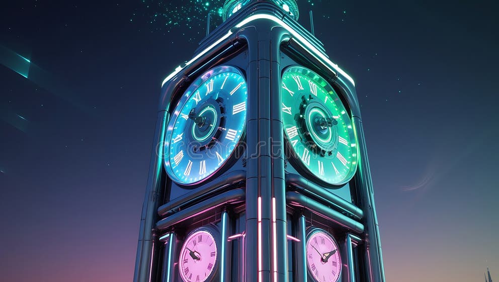 Futuristic Clock Tower at Twilight Stock Illustration - Illustration of ...