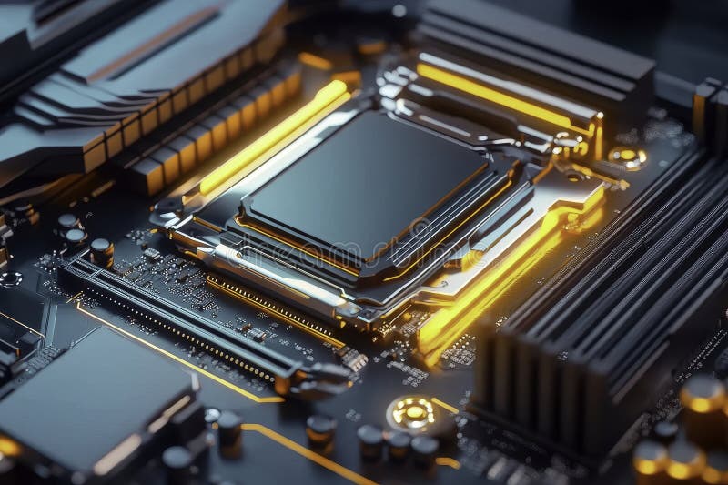 Futuristic Close-Up of a Computer Motherboard with Neon Lighting and ...