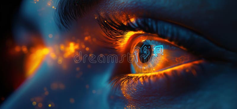 Futuristic Close-up of an Eye with Glowing Orange and Blue Digital ...