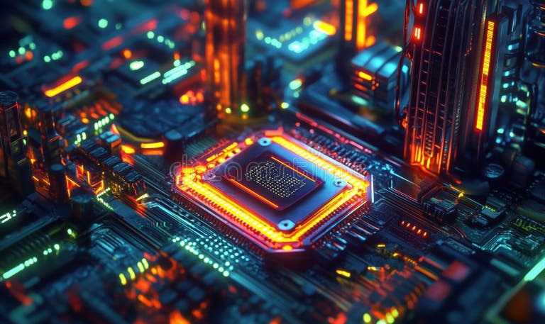 Futuristic Close-up of a Glowing Microprocessor on a Circuit Board with ...