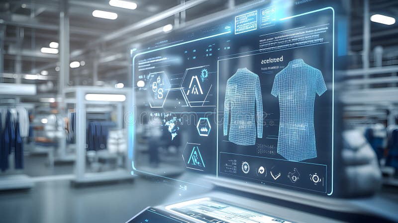 Futuristic Clothing Designs on Digital Interface in Modern Warehouse ...