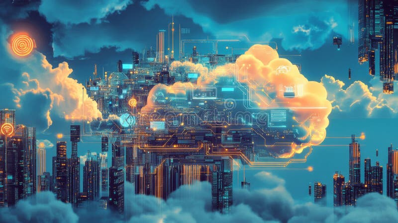 Futuristic Cloud City at Sunset: a Digital Pixel Art Cityscape Stock Illustration - Illustration ...