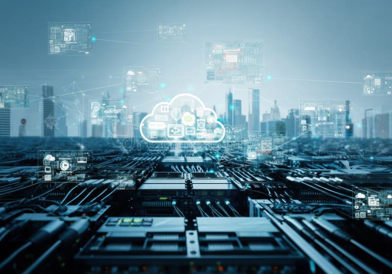 Futuristic Cloud Computing Concept with City Skyline and Digital ...