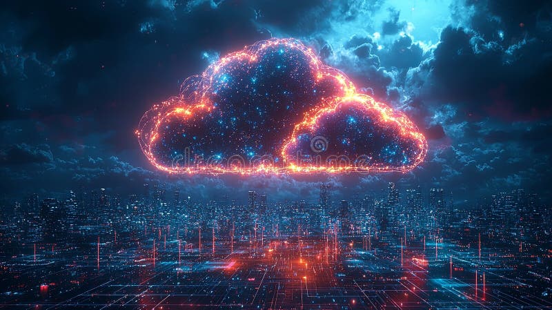 Futuristic Cloud Computing Concept with Cityscape and Neon Lights Stock Illustration ...