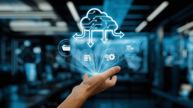 Futuristic Cloud Computing Concept with Data Transfer Icons Represented by Hand Gesture in ...