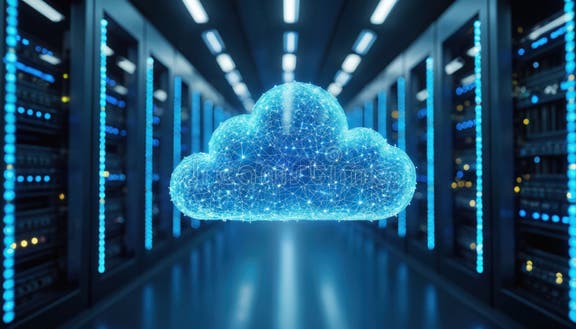 Futuristic Cloud Computing Concept Digital Cloud Graphic Floats Server Room. Data Center ...