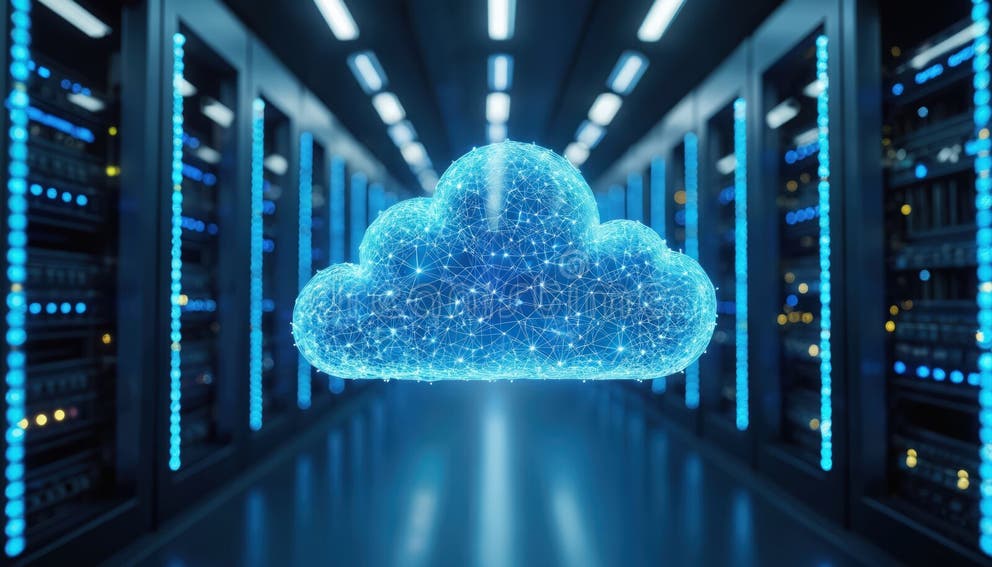 Futuristic Cloud Computing Concept Digital Cloud Graphic Floats Server Room. Data Center ...