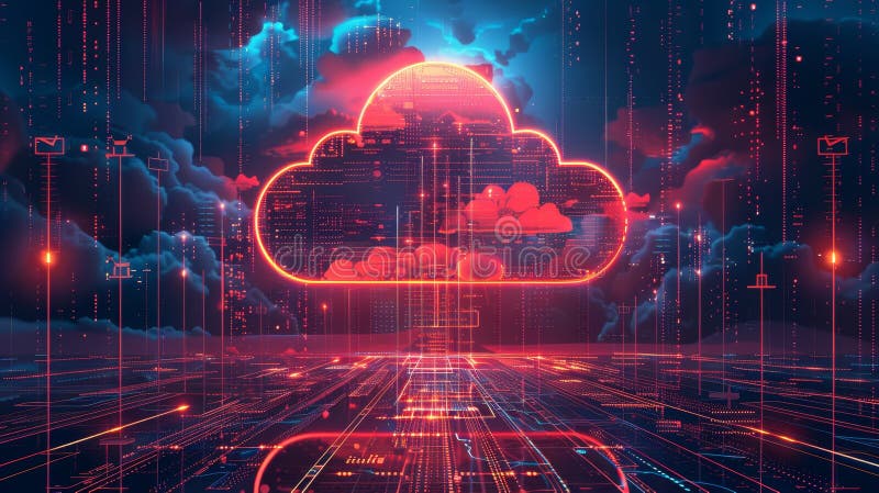Futuristic Cloud Computing Concept with Glowing Digital Data and Network Connections in a Neon ...