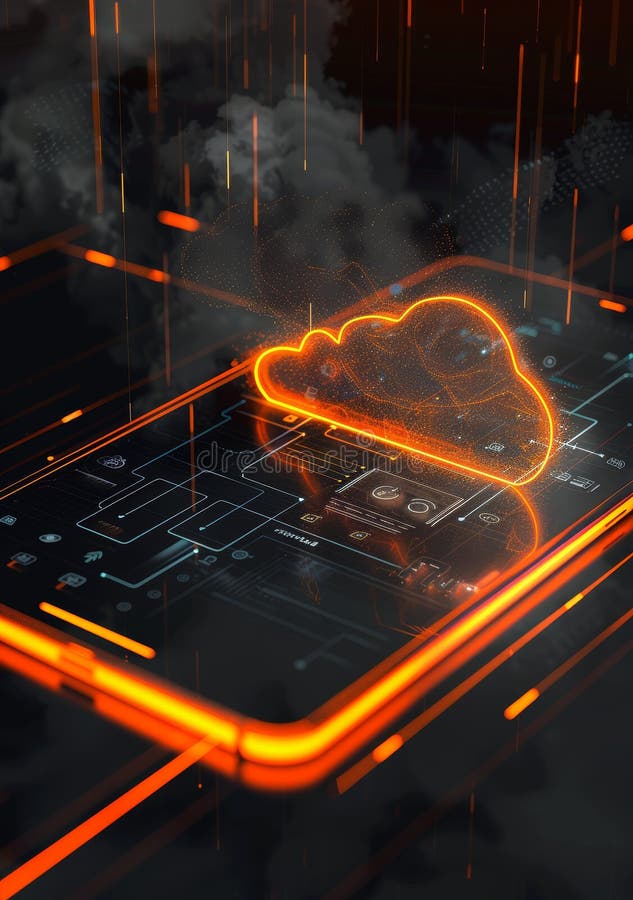 Futuristic Cloud Computing Concept with Neon Light on Digital Device ...