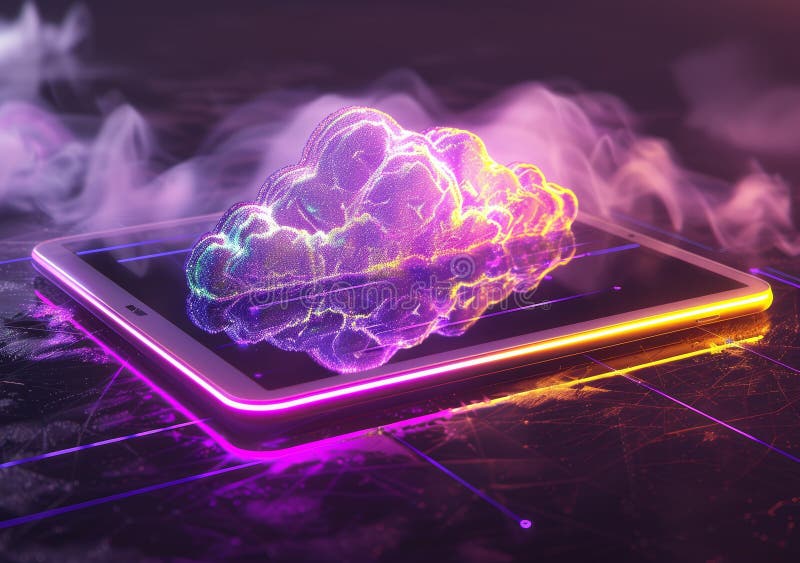 Futuristic Cloud Computing Concept with Neon Light Effects on Tablet ...