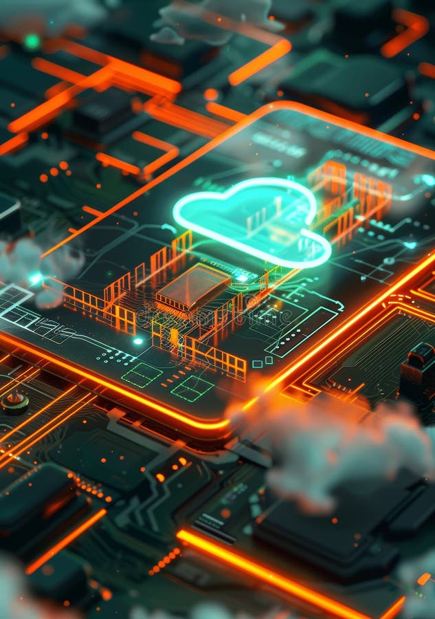 Futuristic Cloud Computing Concept with Neon Lights on Circuit Board HighTech Digital ...