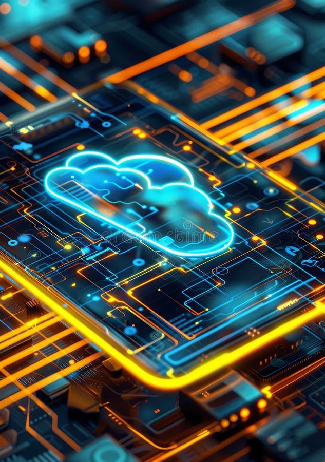 Futuristic Cloud Computing Concept with Neon Lights on Circuit Board Modern Technology and ...