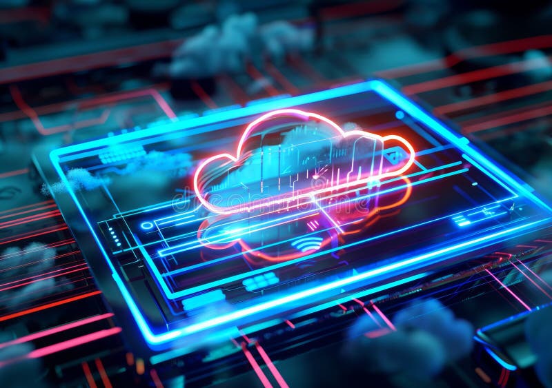 Futuristic Cloud Computing Concept with Neon Lights and Digital Circuitry in a Modern Tech ...