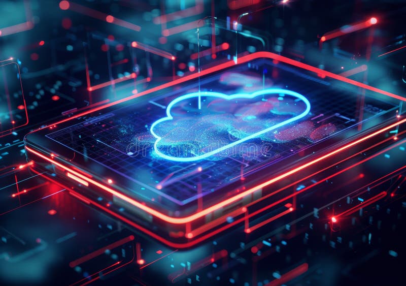 Futuristic Cloud Computing Concept with Neon Lights on Digital Device Modern Technology and ...