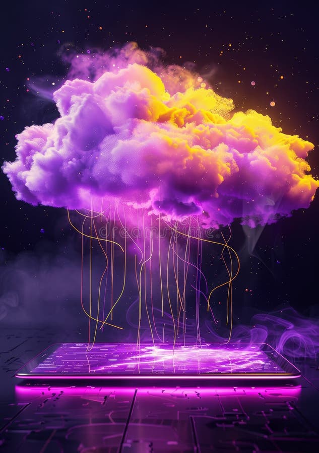 Vibrant Neon Cloud Computing Concept with Futuristic Digital Elements and Glowing Lights Stock ...