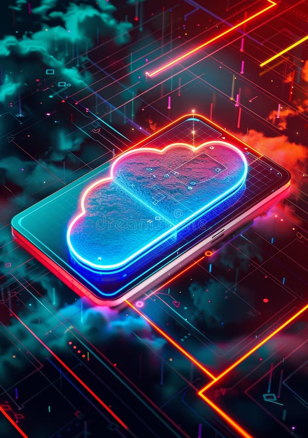 Futuristic Cloud Computing Concept with Neon Lights on Digital Grid Background Modern Technology ...