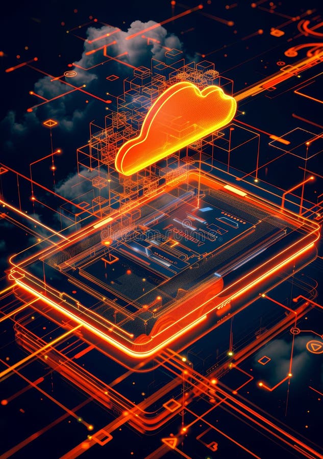 Futuristic Cloud Computing Concept with Neon Lights and Digital Interface in a HighTech ...