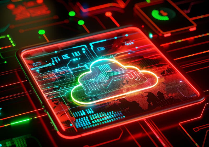 Futuristic Cloud Computing Concept with Neon Lights and Digital ...