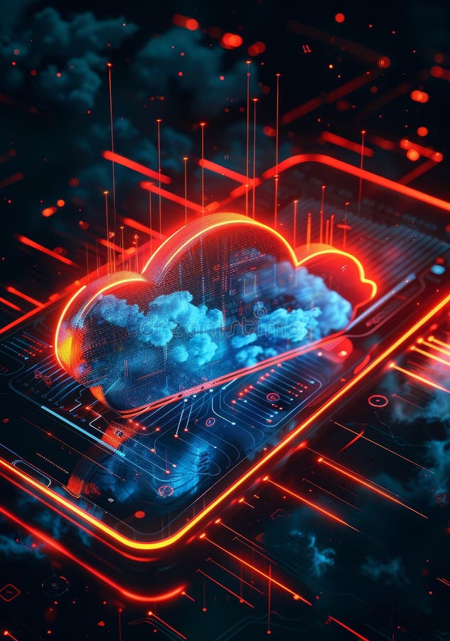 Futuristic Cloud Computing Concept with Neon Lights and Digital ...